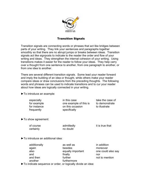 Transition Signals Transition signals are connecting words or ...