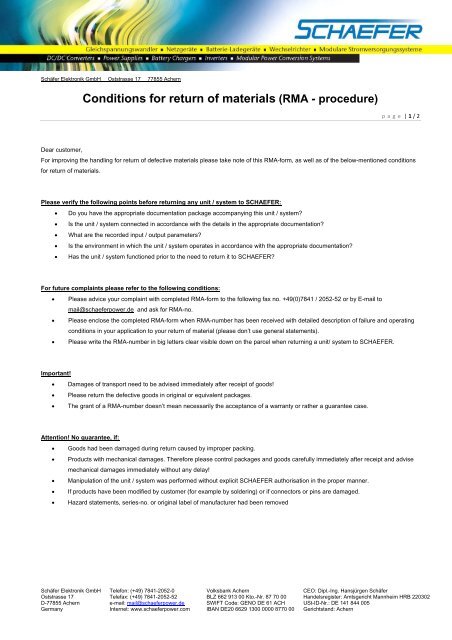 Conditions for return of materials (RMA - procedure)