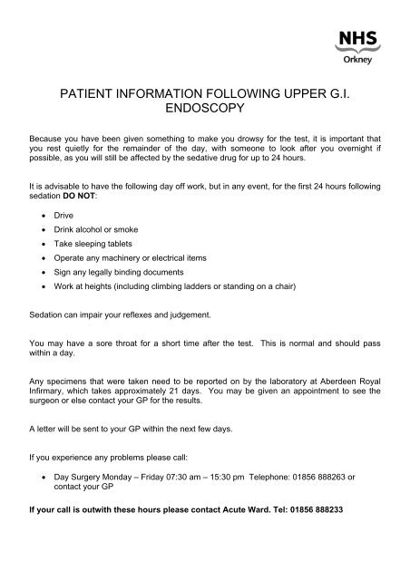 patient information following upper gi endoscopy - NHS Orkney