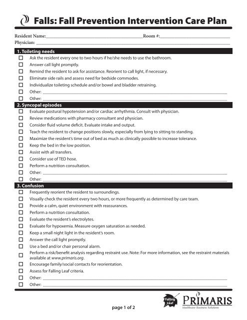 Falls: Fall Prevention Intervention Care Plan - Primaris