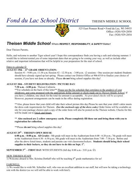 Summer Mailing Letter to Parents - Fond du Lac School District