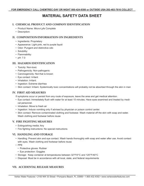 MSDS Sheet PDF - Vertex Water Features