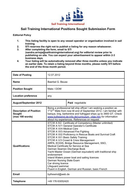 Crew Search Submission Form - Sail Training International