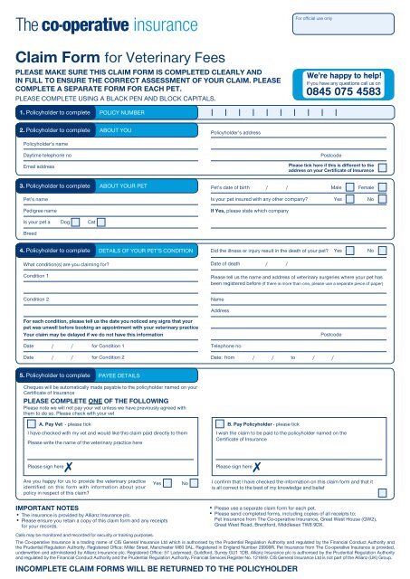 Veterinary fees claim form - The Co-operative Insurance