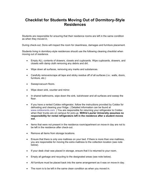 Checklist for Students Moving Out of Dormitory-Style ... - MyLaurier