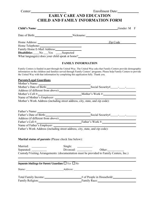ECE Child and Parent Information Form - Family Centers