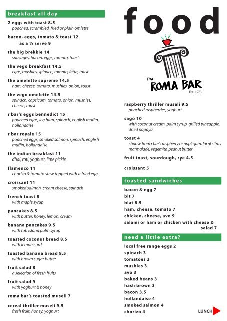 food menu - The Roma Bar