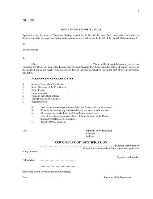 Application For The Issue Of Duplicate Savings Certificate India Post