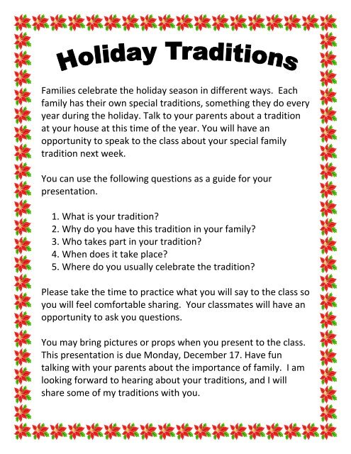 Holiday Traditions Project Information - Priestman Street School