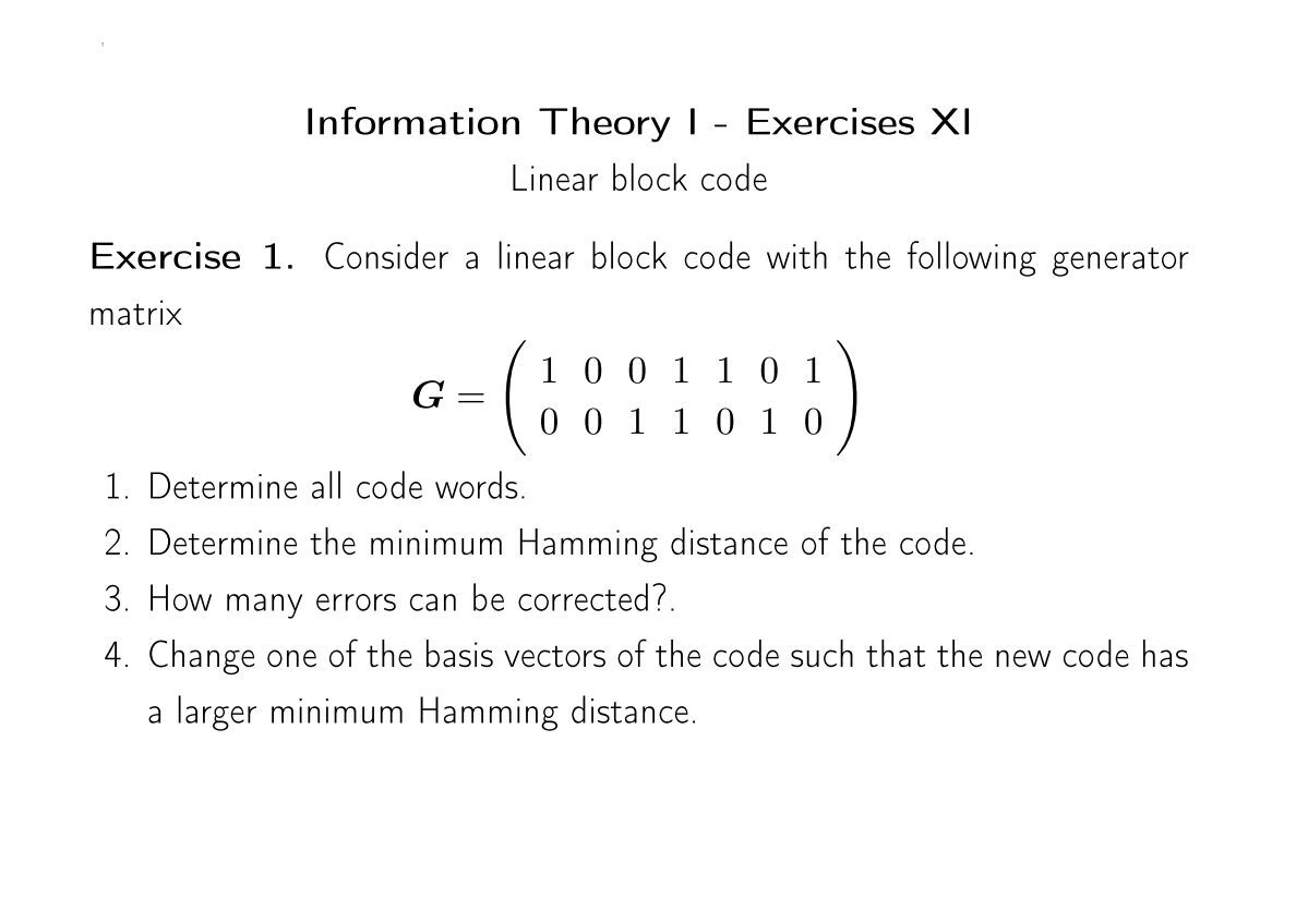 Information Theory I Exercises Xi Linear Block Code Exercise 1