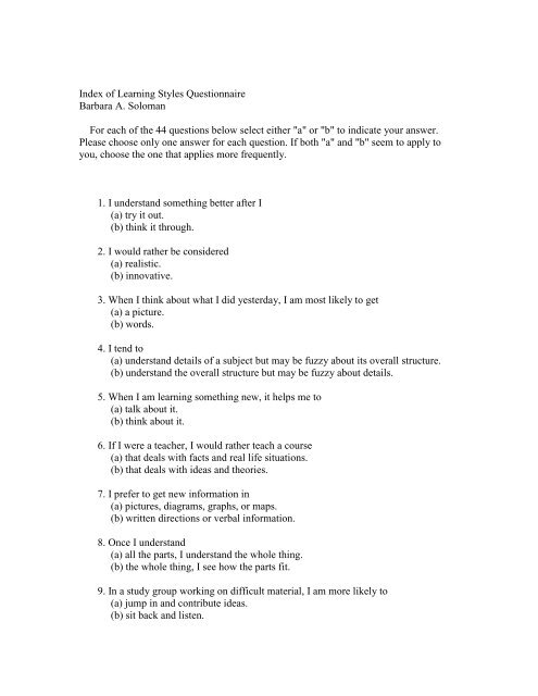 Index of Learning Styles Questionnaire