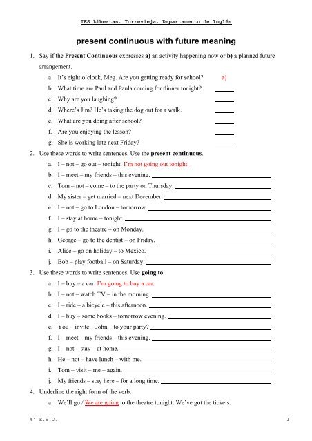 Present Continuous With Future Meaning Exercises Ies N m 1 