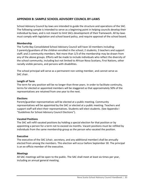 APPENDIX B: SAMPLE SCHOOL ADVISORY COUNCIL BY-LAWS