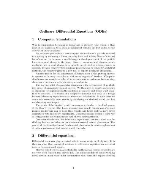 Ordinary Differential Equations (ODEs) 1 Computer Simulations 2 ...