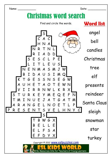 Christmas wordsearch - ESL Kids World