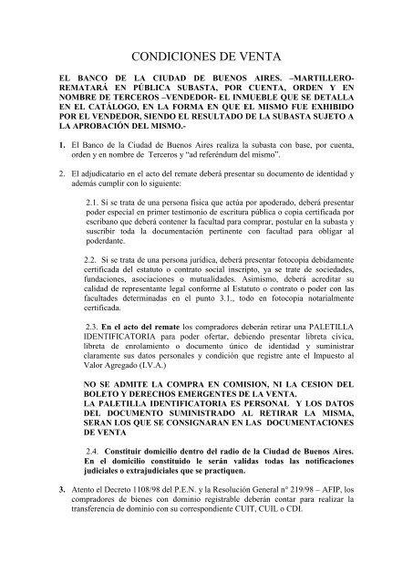 CONDICIONES DE VENTA - Banco Ciudad