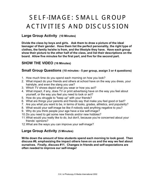 SELF-IMAGE: SMALL GROUP ACTIVITIES AND DISCUSSION