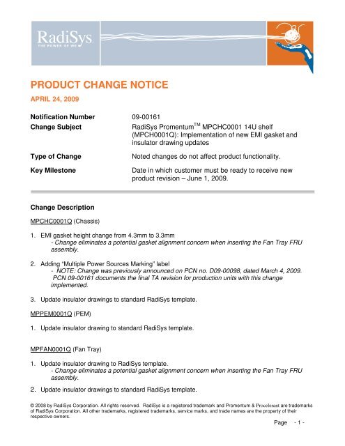 PRODUCT CHANGE NOTICE - Radisys PRODUCT CHANGE NOTICE - Radisys