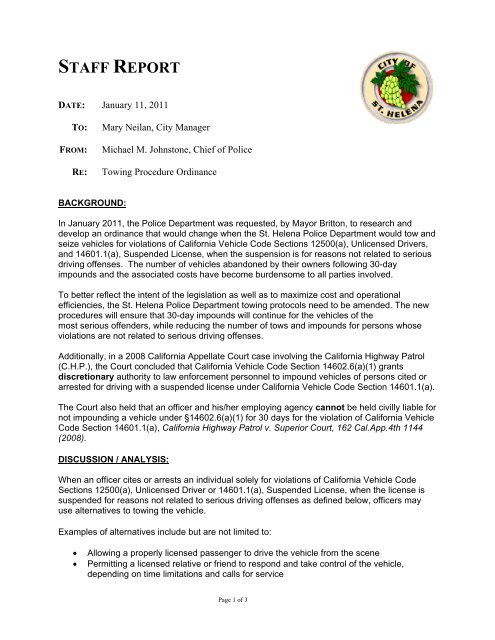 STAFF REPORT - City of St. Helena