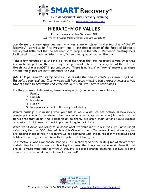 HOV: Hierarchy of Values Worksheet - SMART Recovery