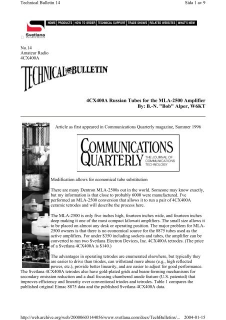 4CX400A Russian Tubes for the MLA-2500 Amplifier By ... - DK9IP.de