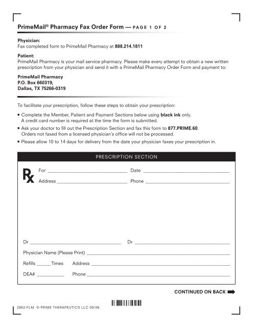 PrimeMailÂ® Pharmacy Fax Order Form â Page 1 OF 2