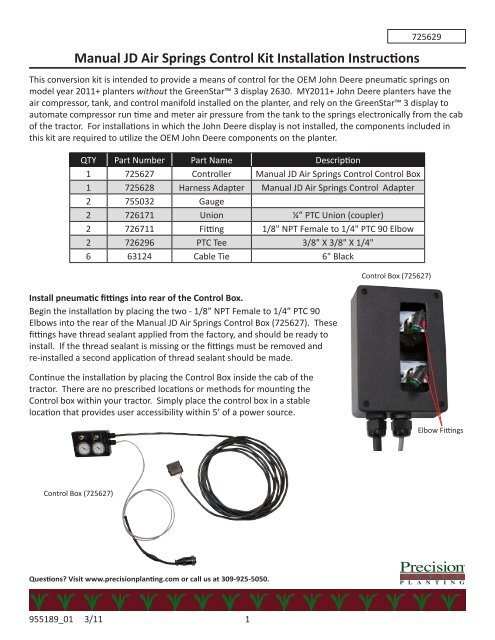 Manual JD Air Springs Control Kit Installation ... - Precision Planting