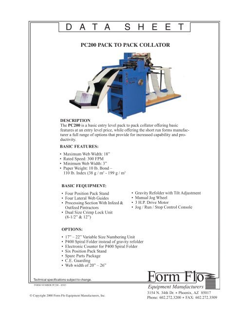 PC200 PACK TO PACK COLLATOR - FORM FLO EQUIPMENT
