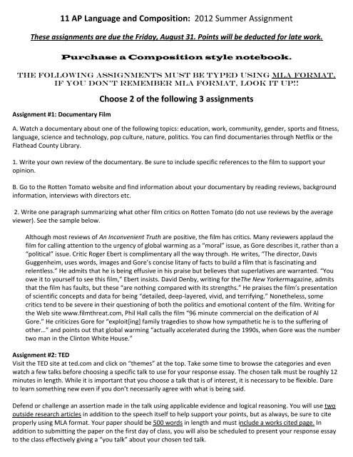 11 AP Language and Composition: 2012 Summer Assignment ...