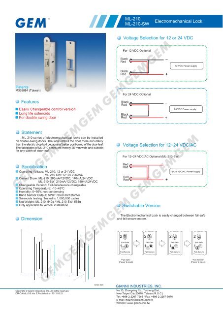 Specification ML-210 ML-210-SW Features Dimension Voltage ...