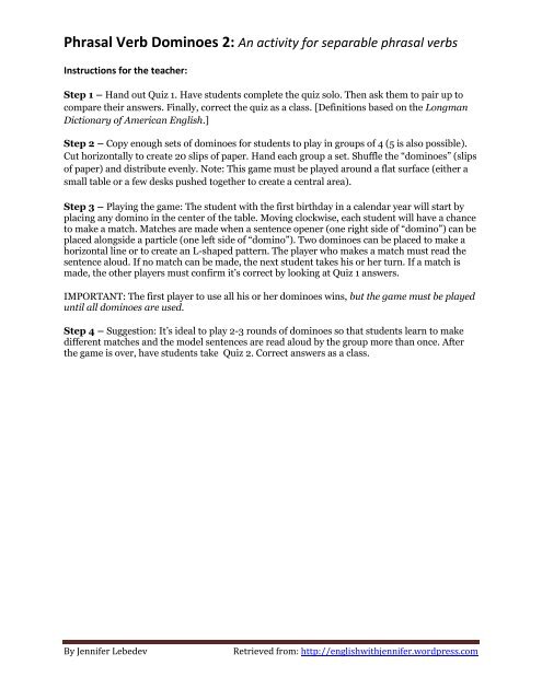 Phrasal Verb Dominoes 2: An activity for separable phrasal verbs