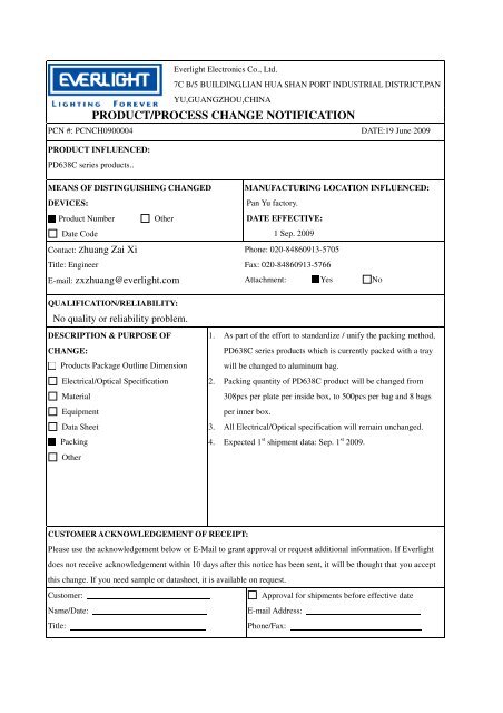 PRODUCT/PROCESS CHANGE NOTIFICATION - Everlight.com