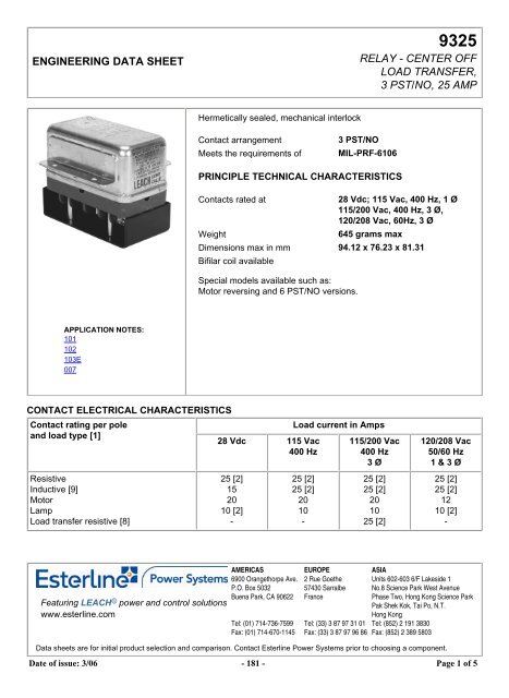 engineering data sheet relay - center off load transfer, 3 pst/no, 25 amp