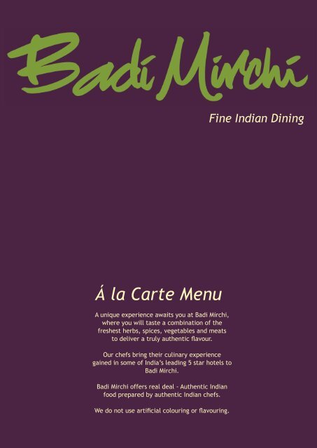 Ã la Carte Menu Fine Indian Dining - Badi Mirchi