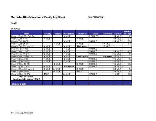 Mercedes Kids Marathon - Weekly Log Sheet