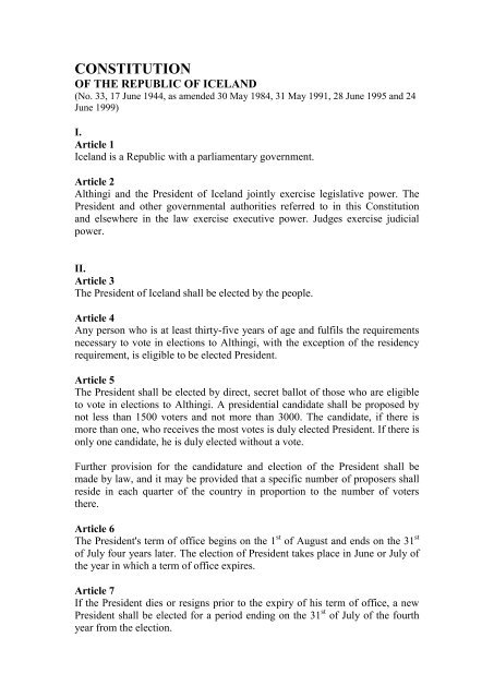 CONSTITUTION OF THE REPUBLIC OF ICELAND - Government ...