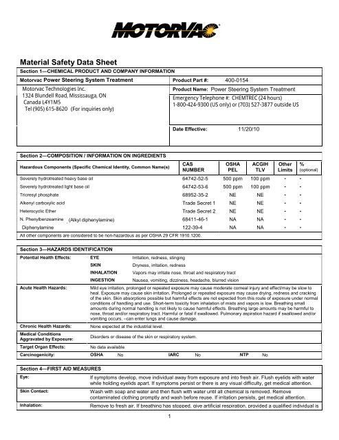 Material Safety Data Sheet - MotorVac