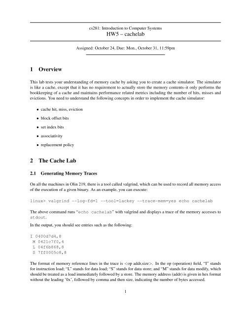 HW5 – cachelab 1 Overview 2 The Cache Lab