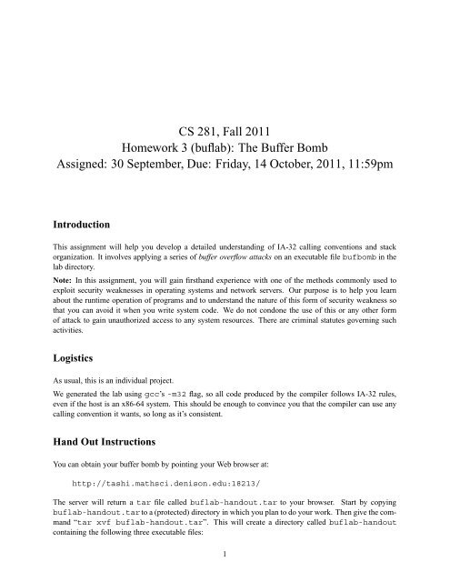 CS 281, Fall 2011 Homework 3 (buflab): The Buffer Bomb Assigned ...