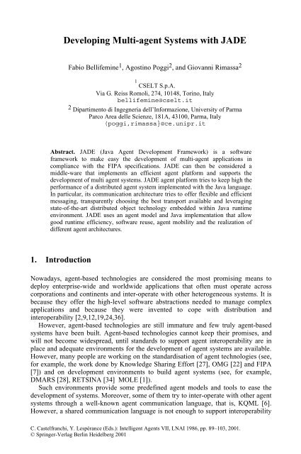 Developing multi-agent systems with JADE - CiteSeerX