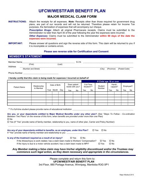 Westfair Major Medical Claim Form - UFCW, Local 832
