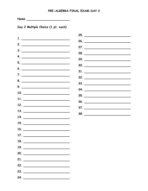 PRE-ALGEBRA FINAL EXAM-DAY 2 Name Day 2 Multiple Choice ...