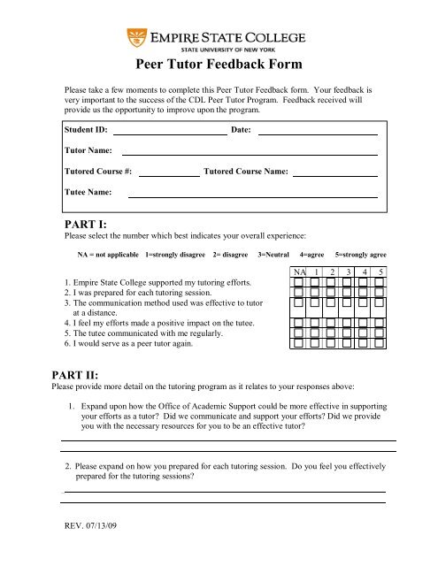 Peer Tutor Feedback Form - SUNY Empire State College