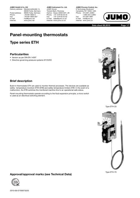 Panel-mounting thermostats Type series ETH - Jumo