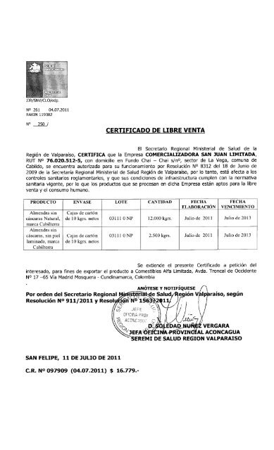 CERTIFICADO DE LIBRE VENTA - SSRV