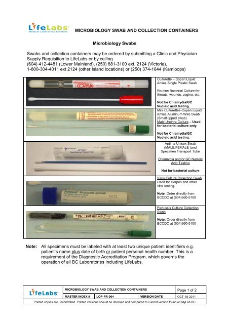 Microbiology Swab and Collection Containers - Lifelabs