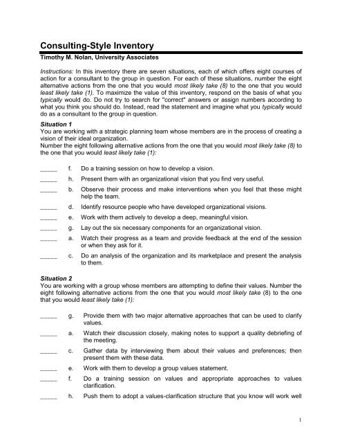 Consulting-Style Inventory Scoring Sheet