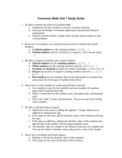 Consumer Math Unit 1 Study Guide