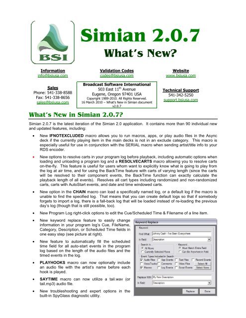 Simian 2.0.7 Whats New - Broadcast Software International