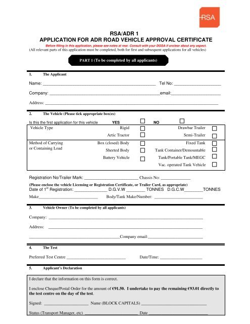 Application form for ADR road vehicle approval certificate